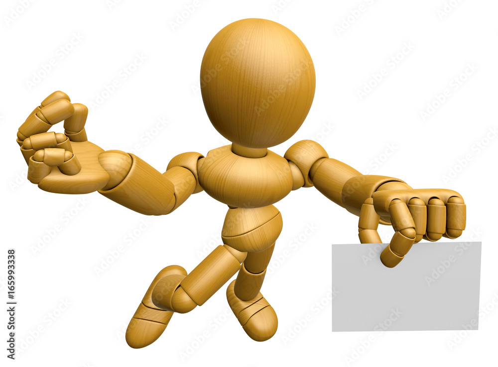 3D Wood Doll Mascot the left hand money gesture and right hand is ...