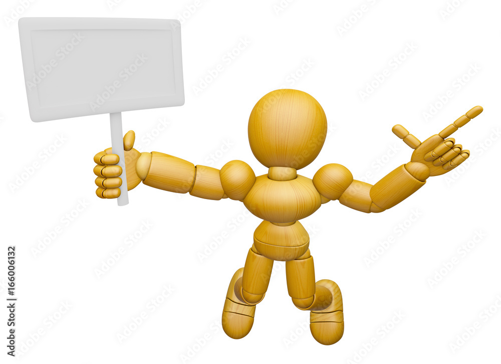 3D Wood Doll Mascot the right hand point a finger gesture, left hand is ...