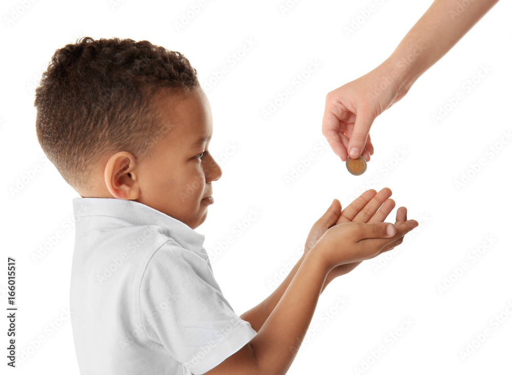 Cute little boy asking for handout on white background. Poverty concept ...