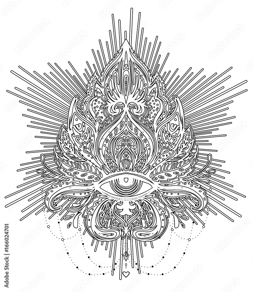 Vector ornamental Lotus flower, all-seeing eye, patterned Indian ...