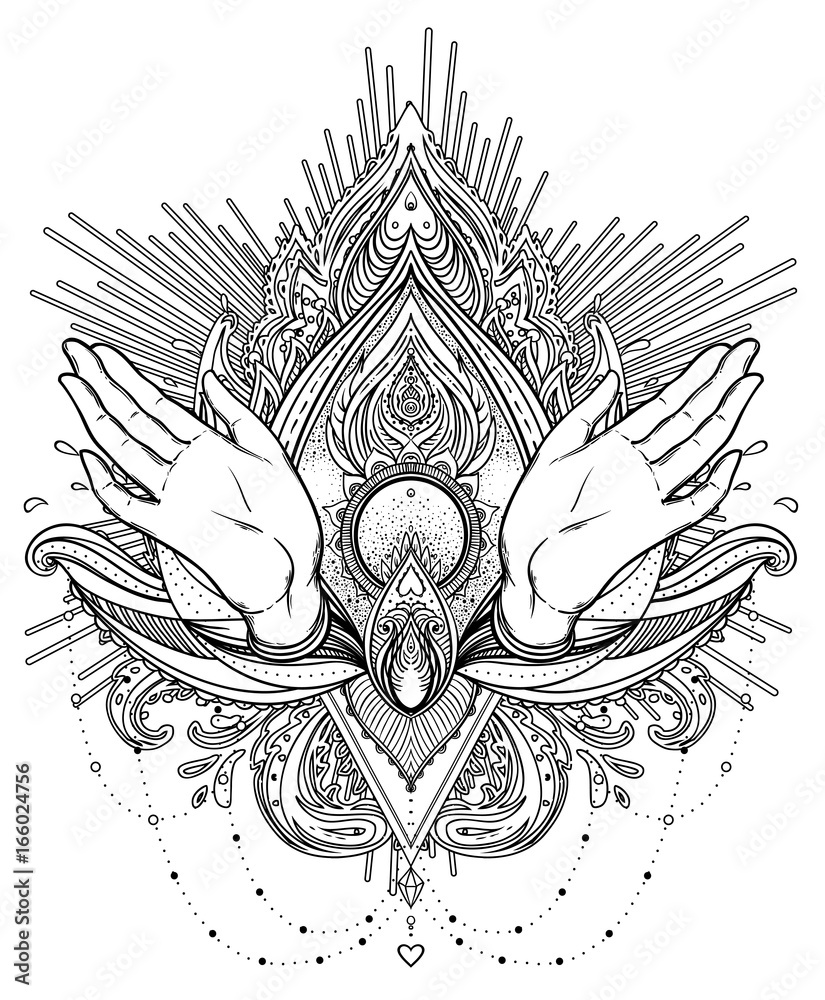 Vector ornamental Lotus flower and praying hands, patterned Indian ...