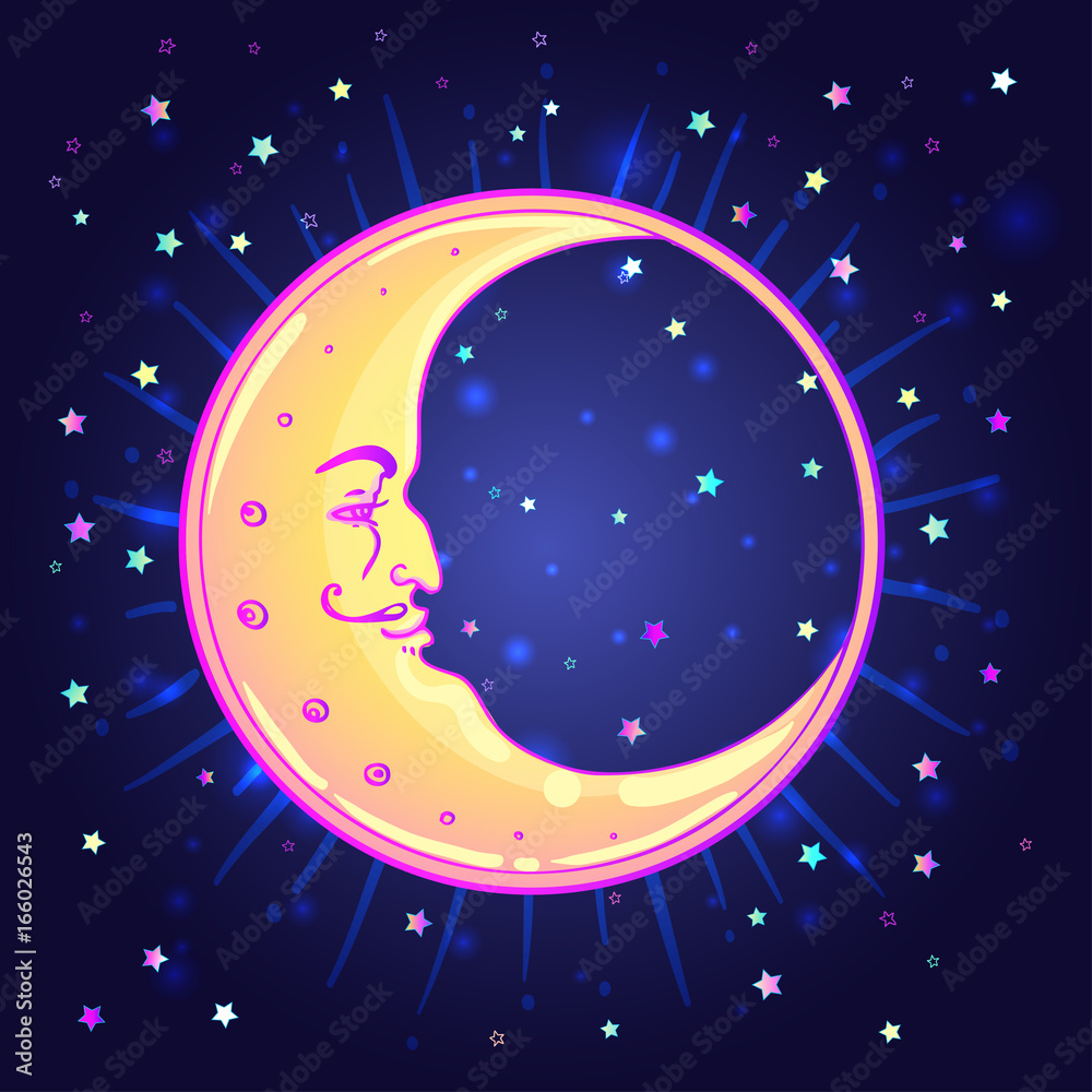 Vector drawing of the Moon with human face over night sky background ...