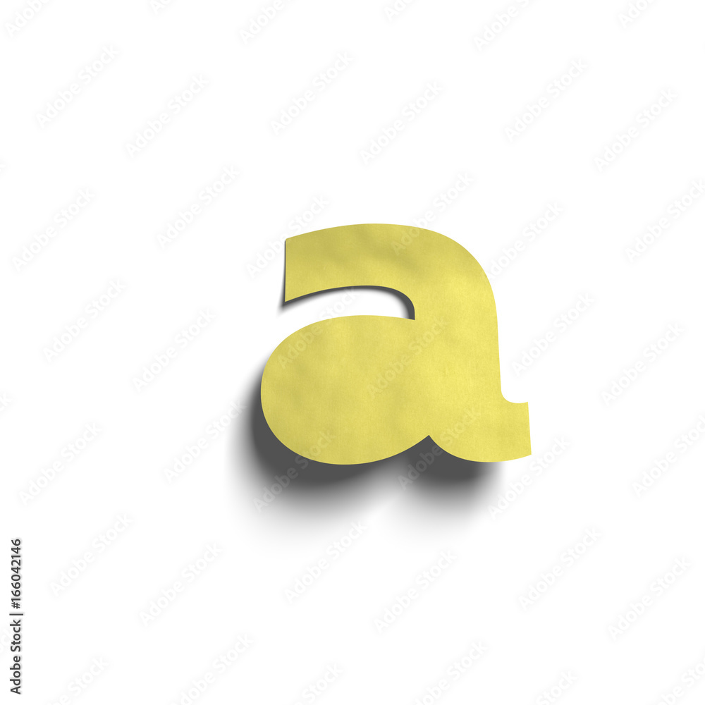 3D realistic yellow paper notes lowercase letter a with soft shadow ...