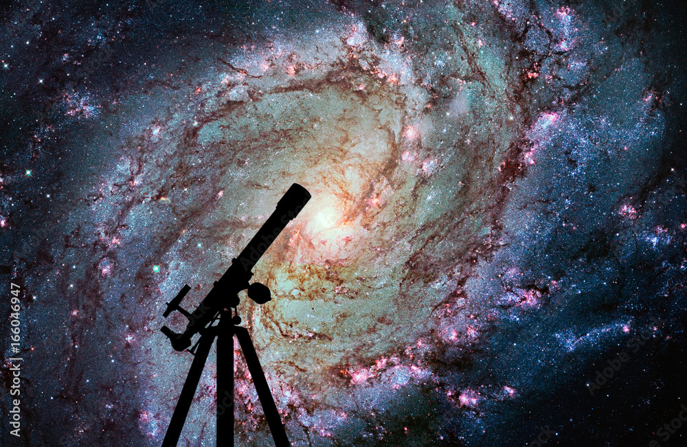 Foto de Space background with silhouette of telescope. Messier 83 ...
