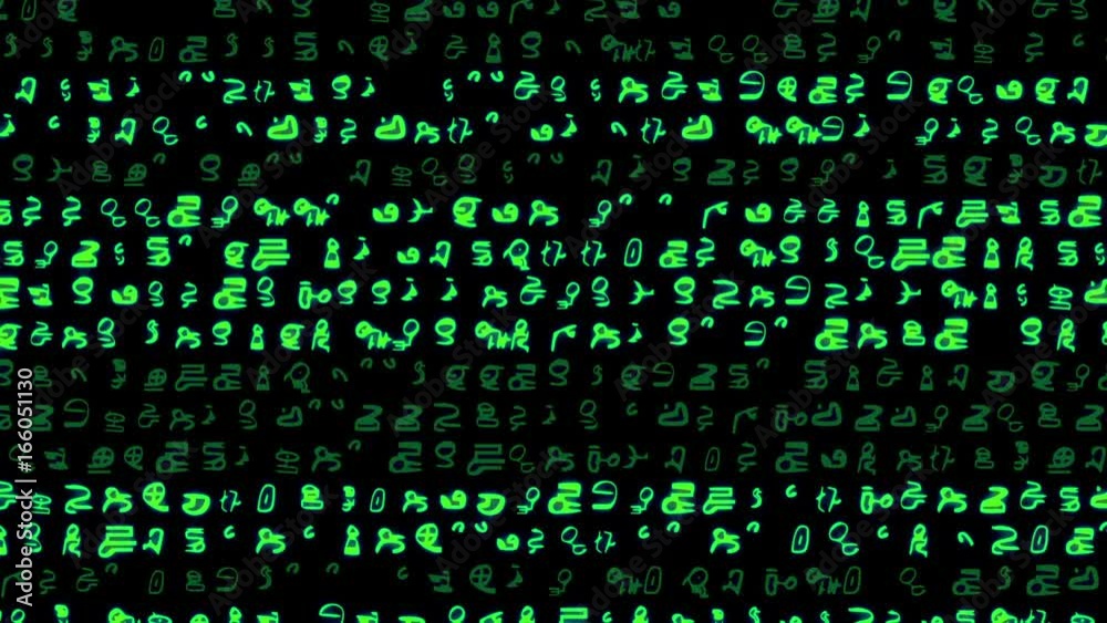 Text and Grids 1003: Rows of symbols and code scroll on a black screen ...