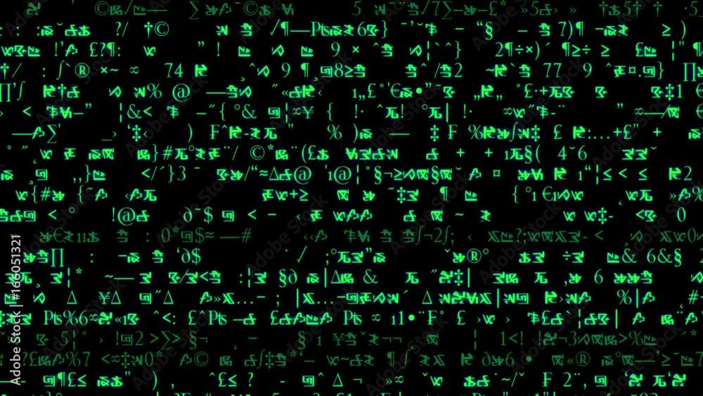 Text and Grids 1005: Rows of symbols and code scroll on a black screen ...