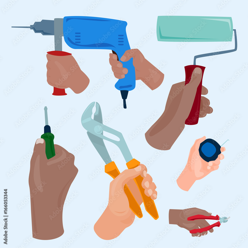 Hands with construction tools vector cartoon style House renovation ...