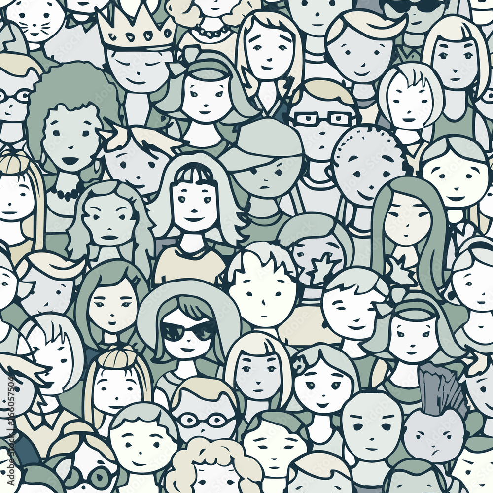 Seamless pattern of hand drawn people faces. Vector illustration of ...