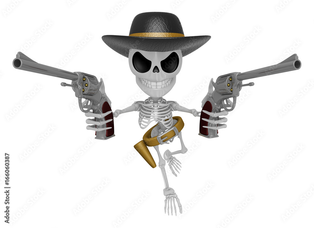 3D Skeleton Mascot is villains holding a revolver gun with both hands ...