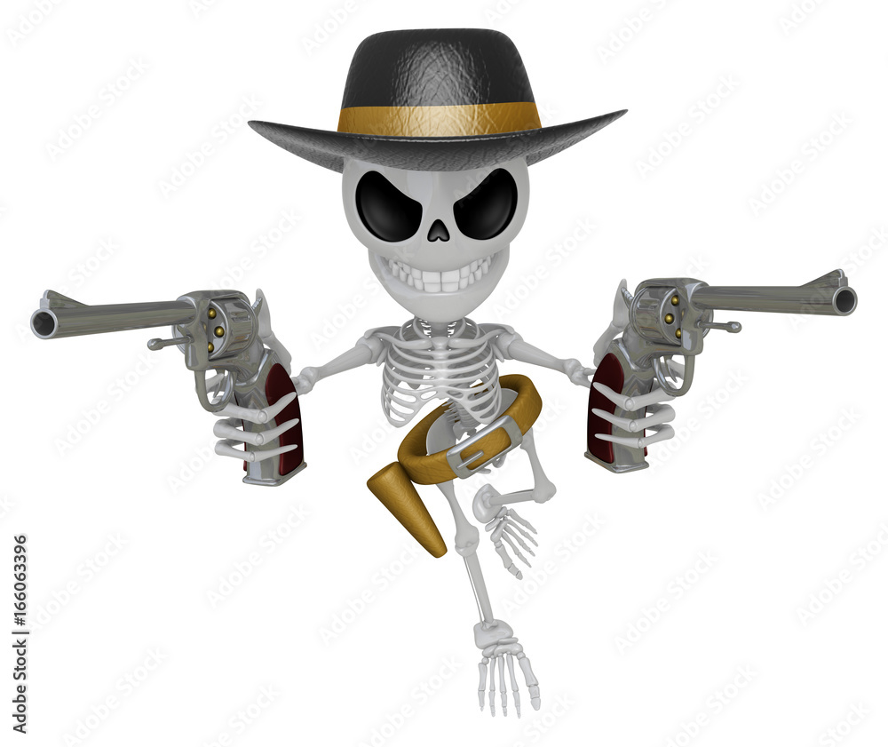 3D Skeleton Mascot is villains holding a revolver gun with both hands ...