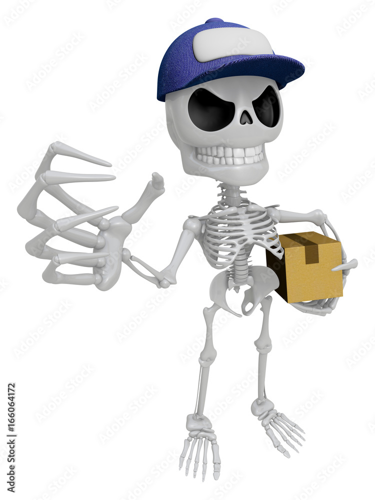 3D Skeleton Mascot is having a fit of anger, holding delivery box. 3D ...