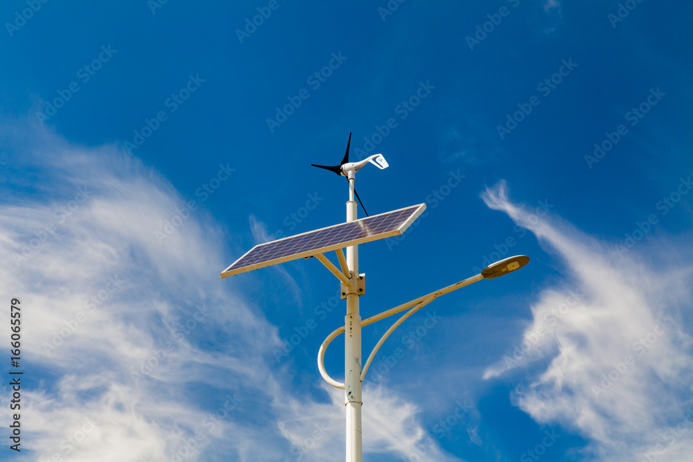 Street lighting works from solar panels and wind generators Stock Photo ...