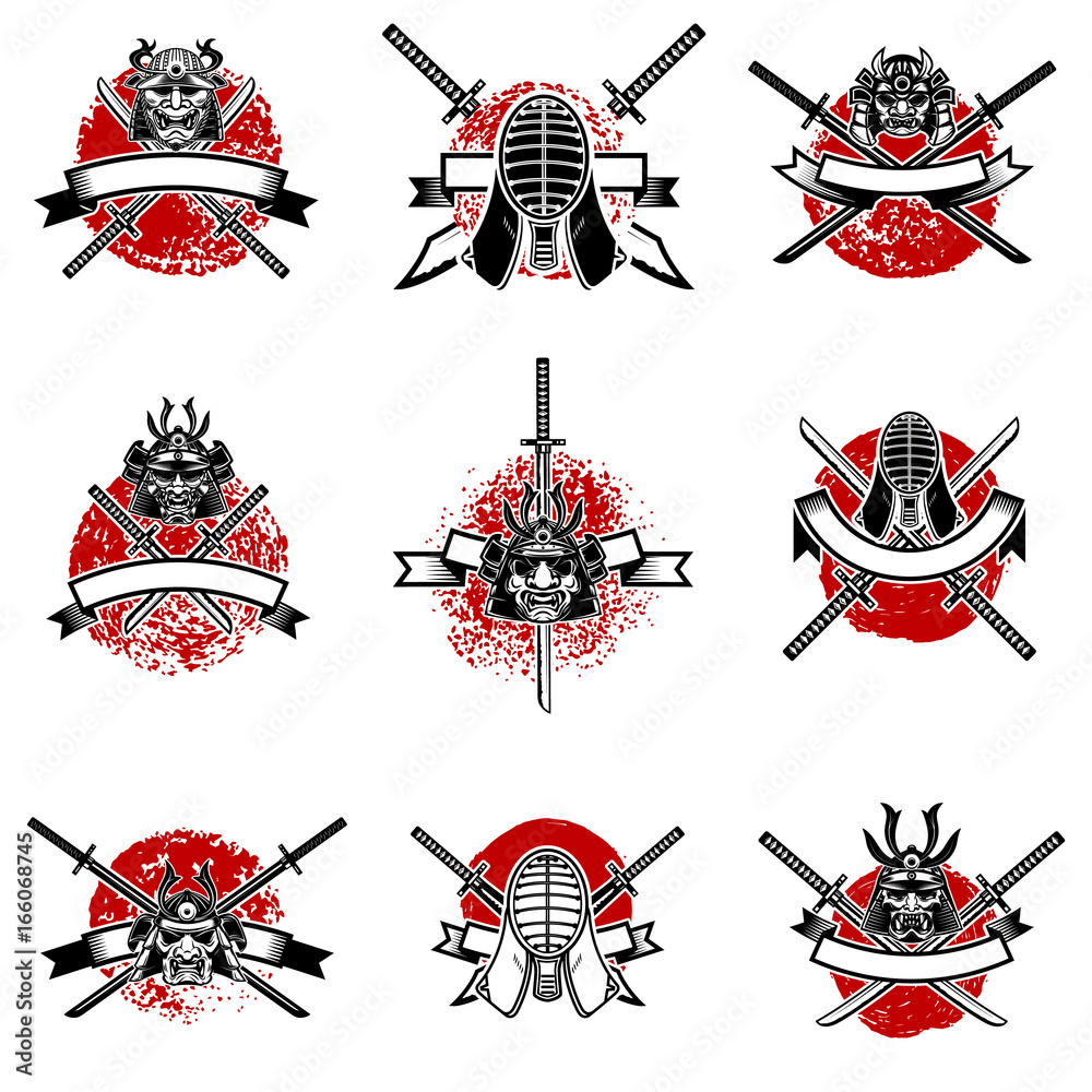 Set of emblems with japanese swords, samurai masks. Japan sword fencing ...