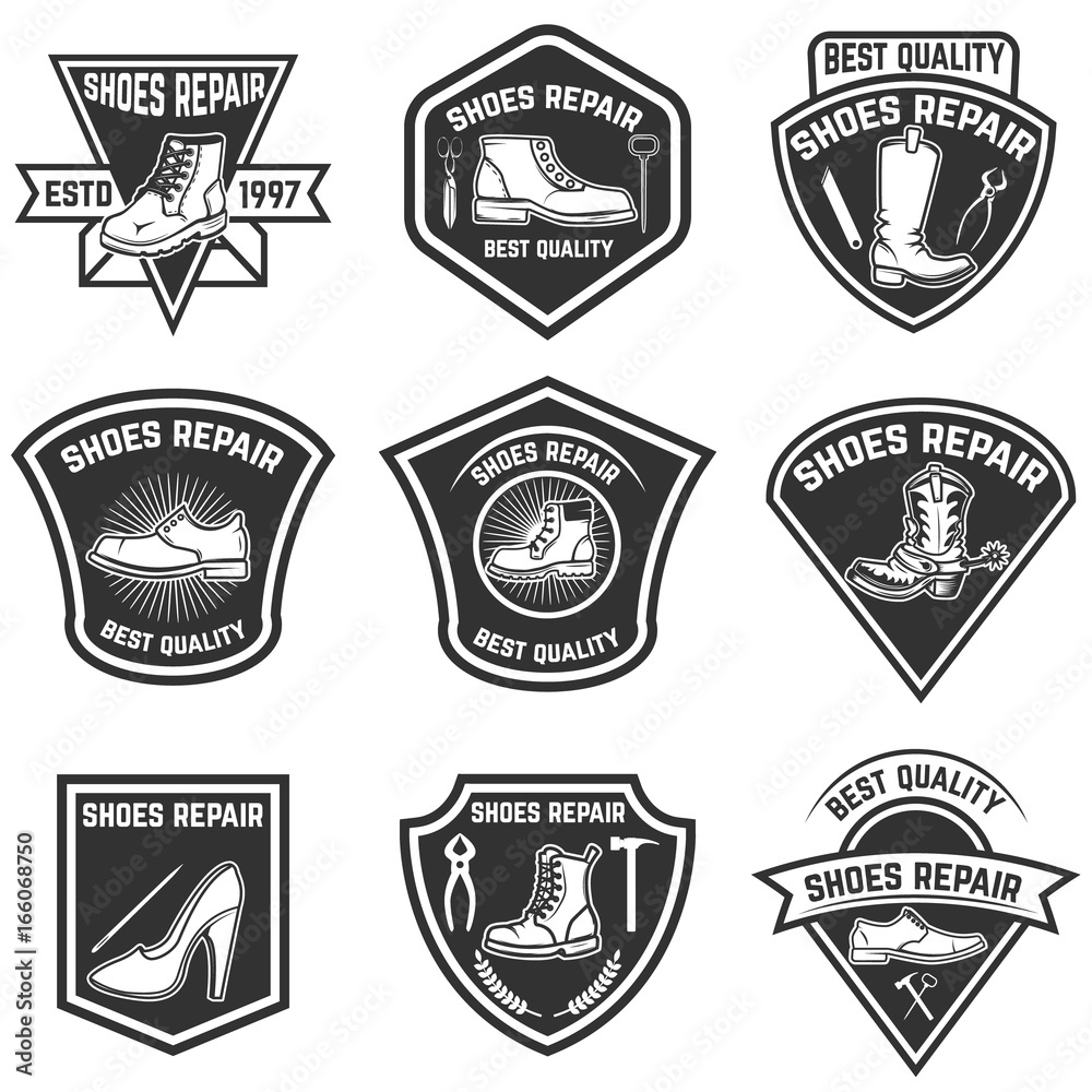 Set of shoe repair emblems isolated on white background. Design ...