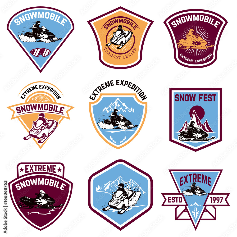 Set of snowmobile emblems isolated on white background. Design element ...