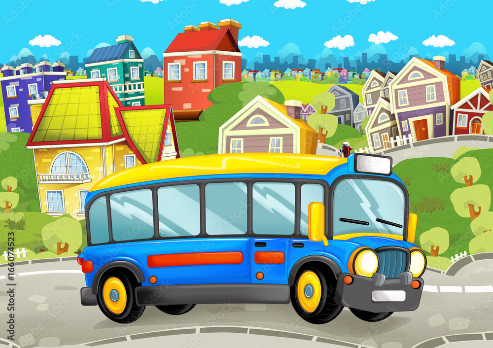 cartoon funny looking bus driving through the city - illustration for ...