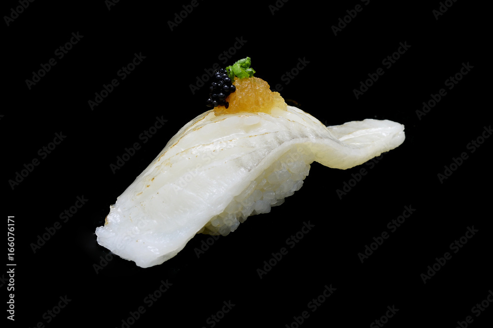 Aburi Engawa Sushi, torched flatfish on rice topping with Spring onion ...