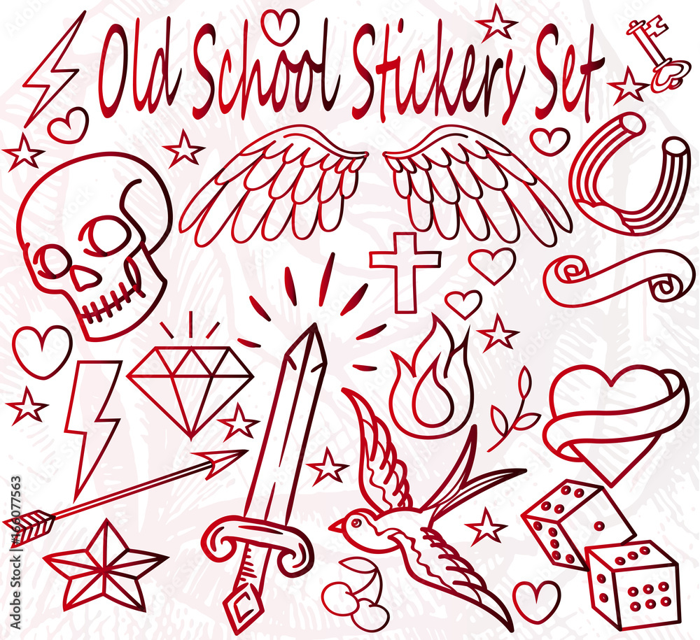 Red Gradient Old School Stickers - Big Set. A variety of cartoon ...