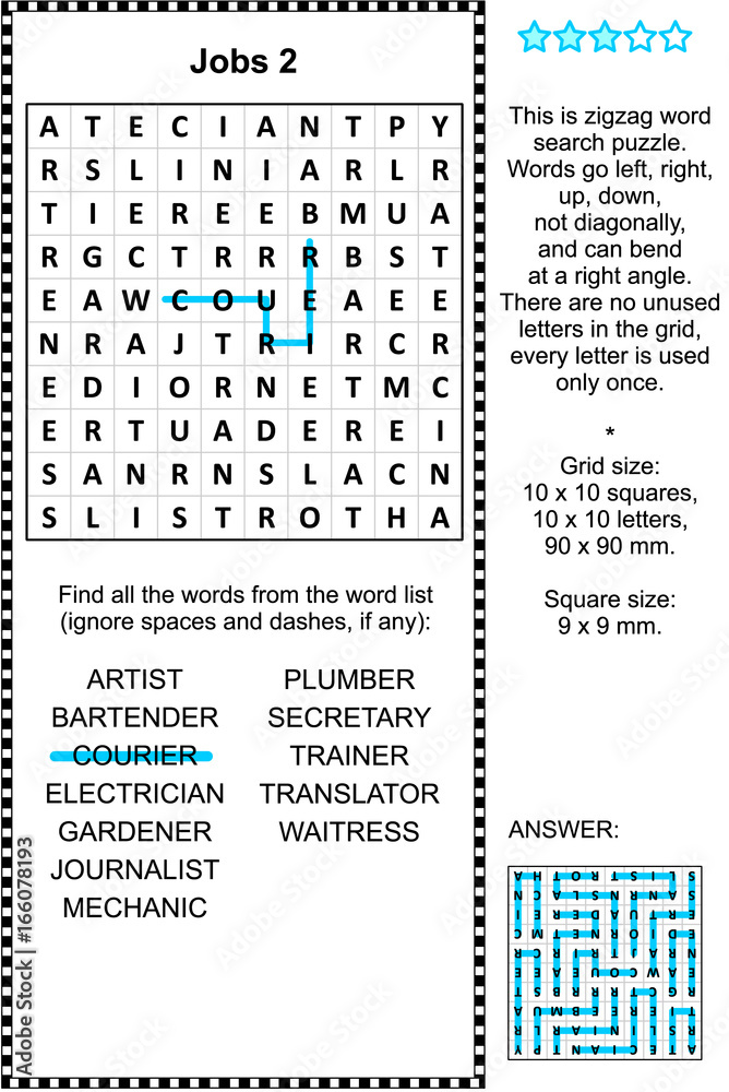 Jobs and occupations themed zigzag word search puzzle 2 (suitable both ...