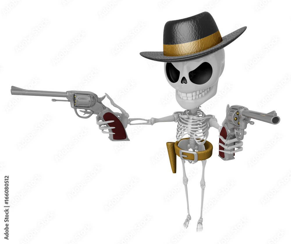 3D Skeleton Mascot is villains holding a revolver gun with both hands ...