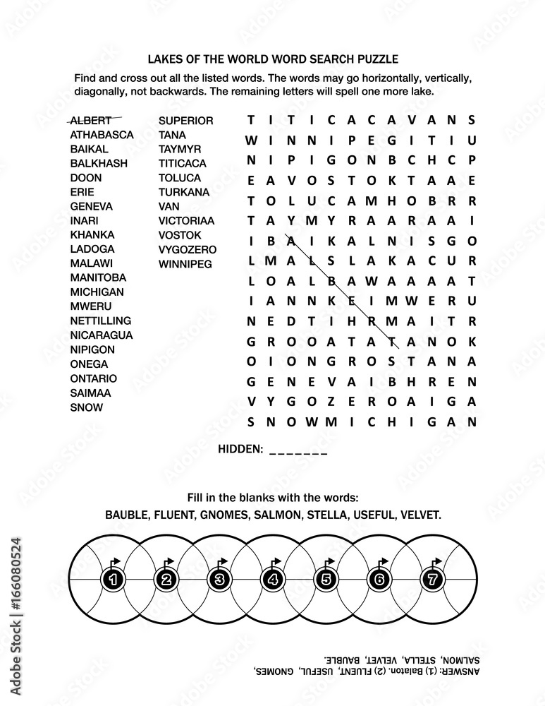 Puzzle page with two word games (English language). Lakes of the world ...