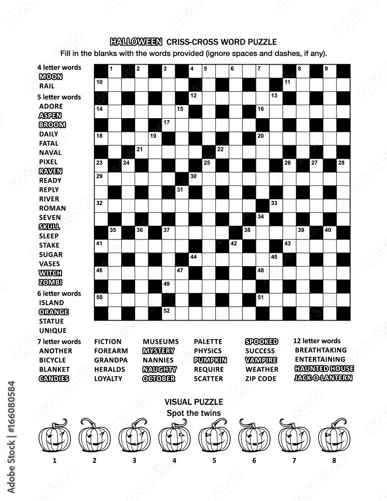 Halloween themed puzzle page with 19x19 criss-cross word game (English ...