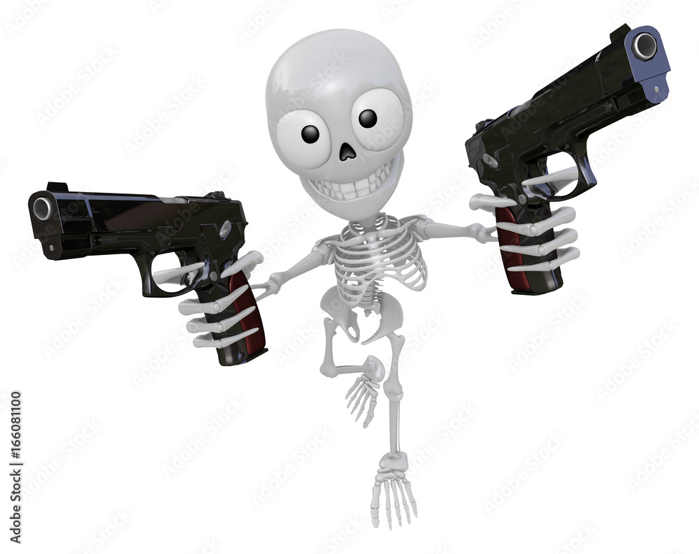 3D Skeleton Mascot is cowboys holding an automatic pistol with both ...