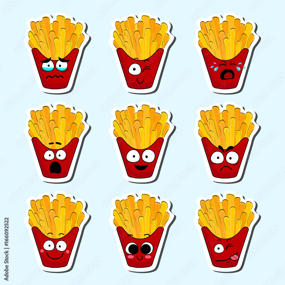 Cartoon fries cute character face isolated vector illustration. Funny ...