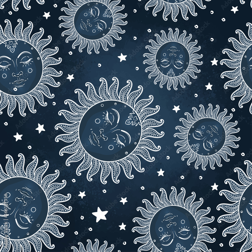 Sun and moon vector seamless pattern with stars. Vintage style ...