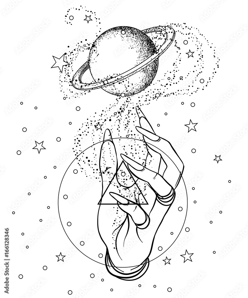 Human hand with space and sacred geometry symbols. Dotwork tattoo flash ...