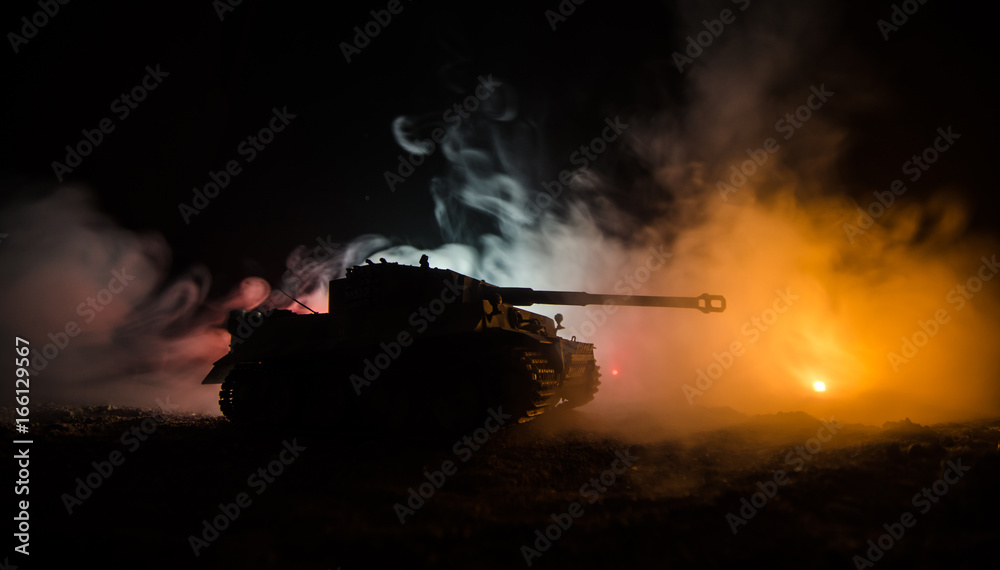 War Concept. Military silhouettes fighting scene on war fog sky ...