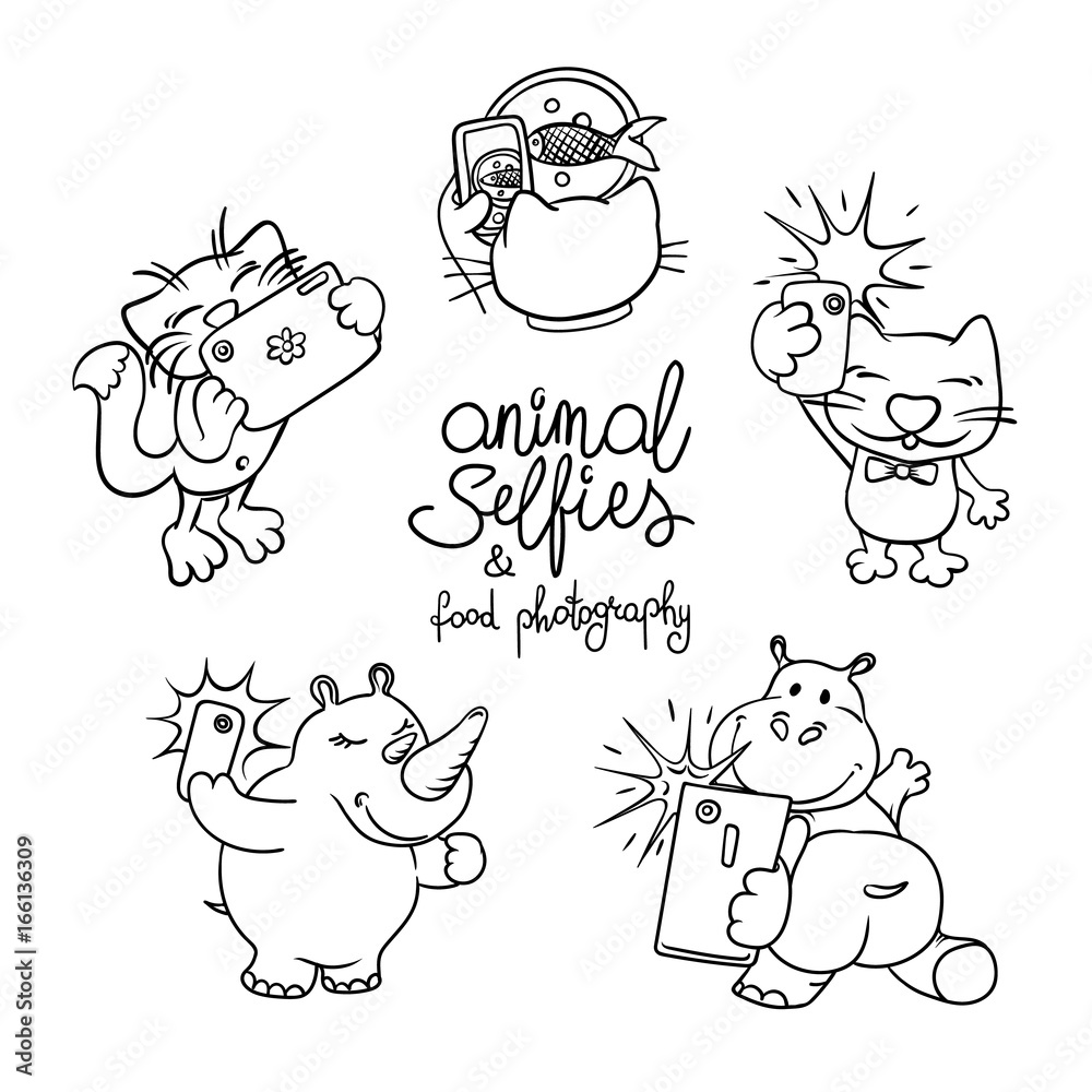 Animals taking selfie photo on smart phone. Outline drawing for ...