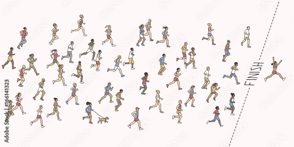 Tiny hand drawn marathon runners and a winner crossing the finish line ...