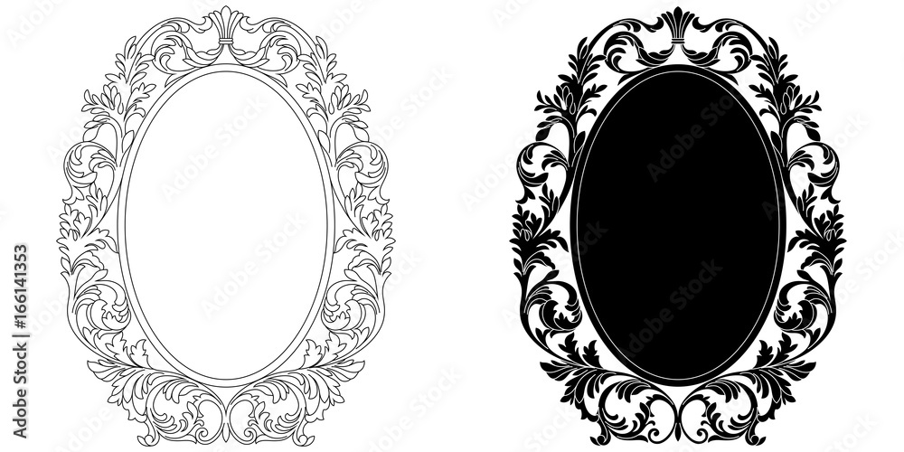 Oval vintage border frame engraving with retro ornament pattern in ...