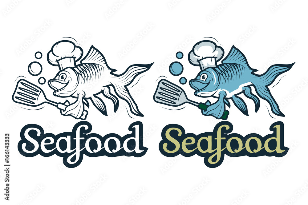 Vector seafood logo. Cartoon fish chef. Isolated on white background ...