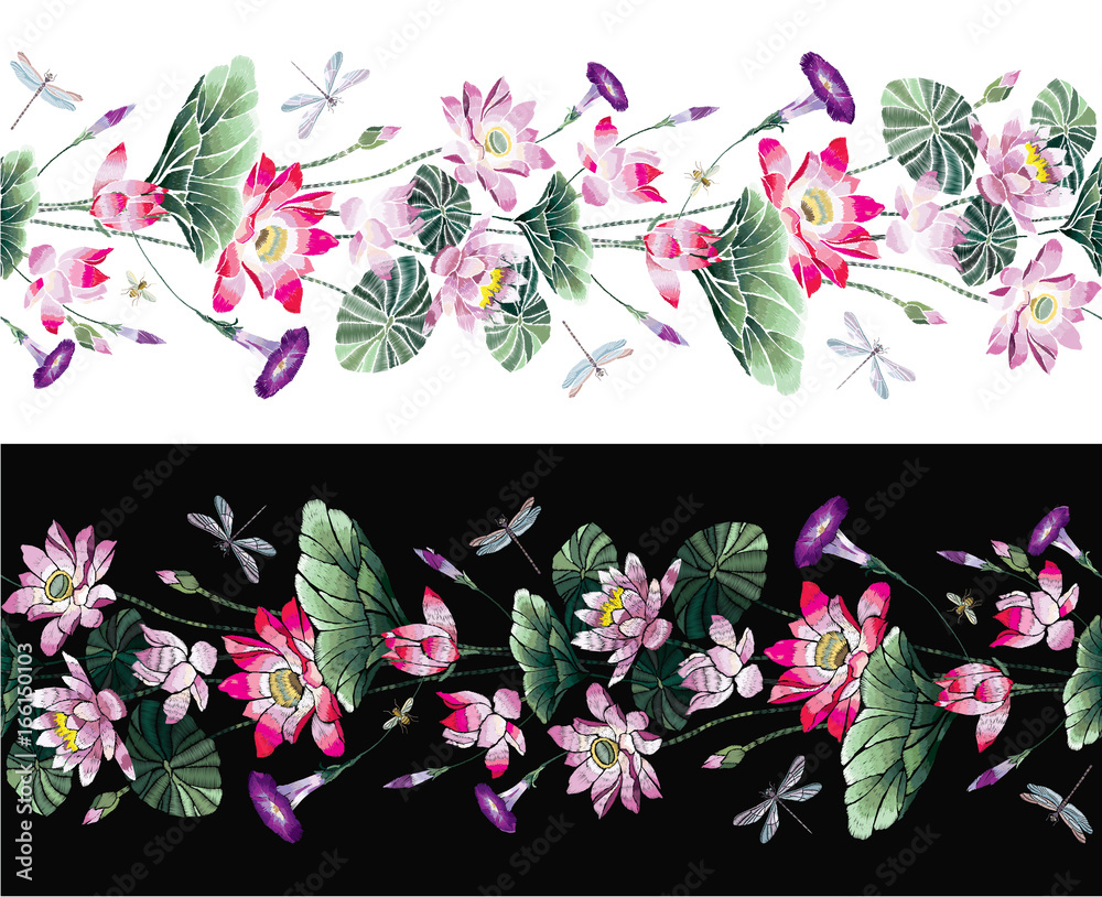 Embroidered seamless floral border of the traditional Japanese style ...