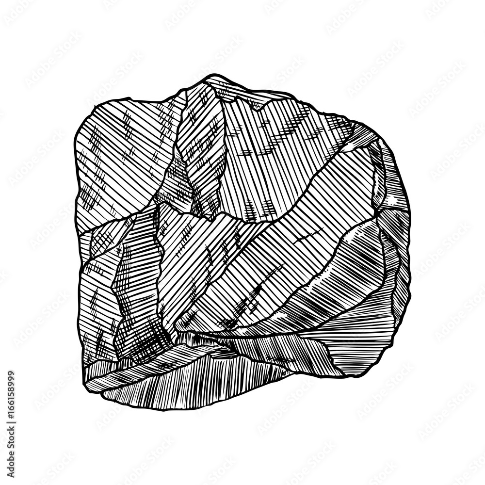 Rock stone hand drawn style. Big Boulder. Cracked and damaged stone ...