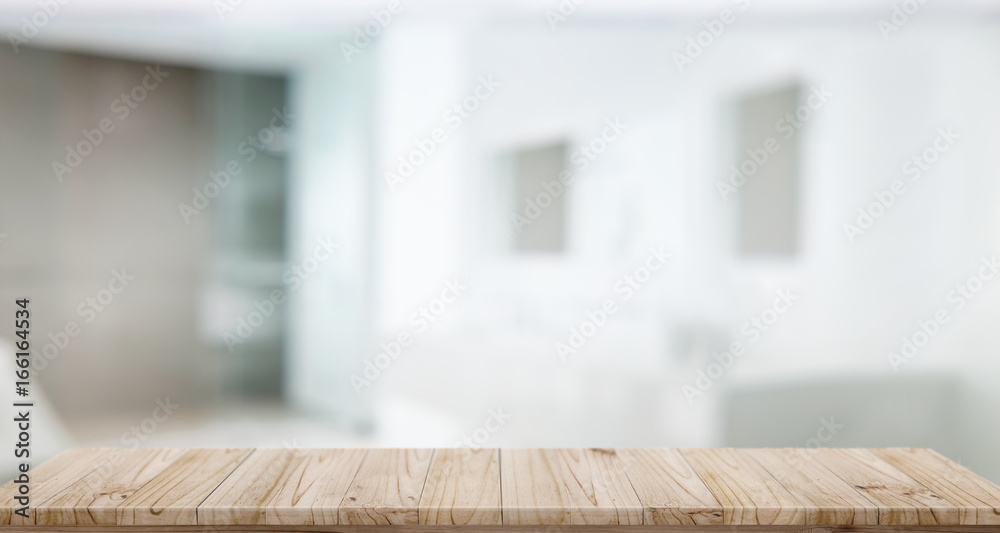 Wood table top on blurred office background. For product montage. Stock ...