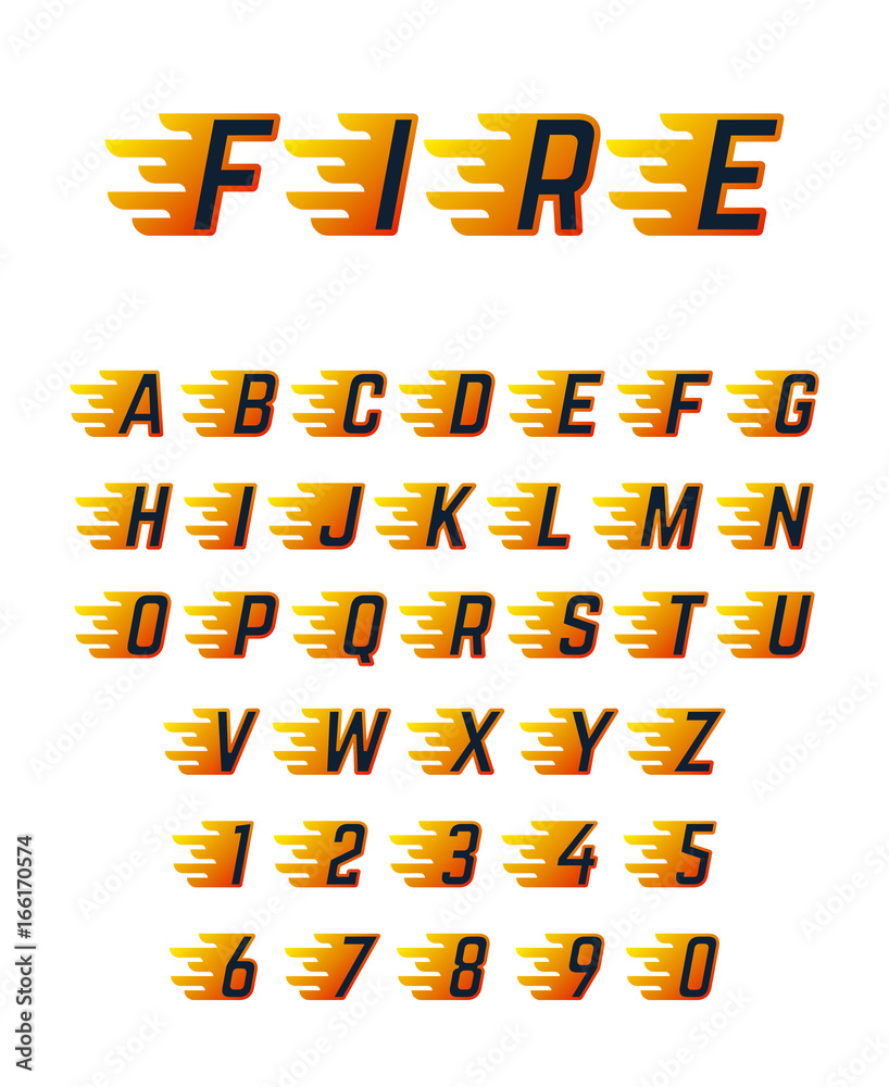 Burning running letters with flame. Hot fire vector font alphabet for ...