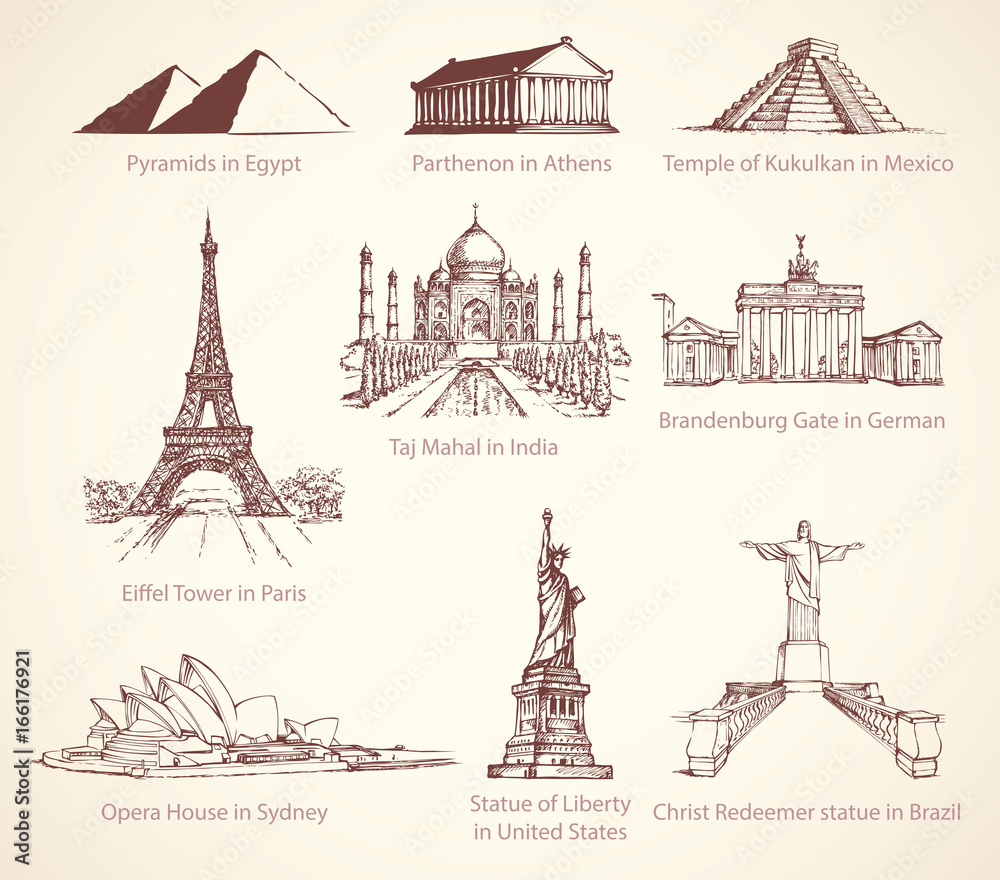 World famous historical monuments. Vector sketch Stock Vector | Adobe Stock
