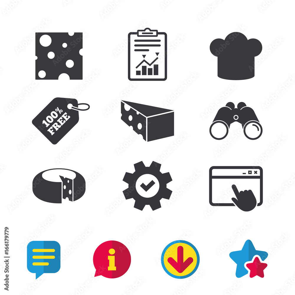 Cheese icons. Round cheese wheel sign. Sliced food with chief hat ...