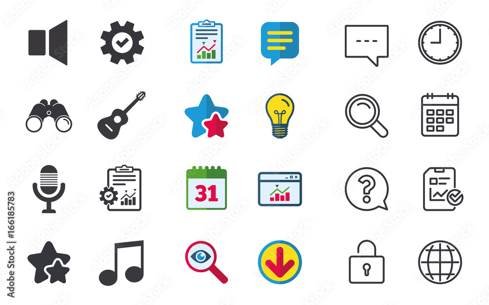 Musical elements icons. Microphone and Sound speaker symbols. Music ...