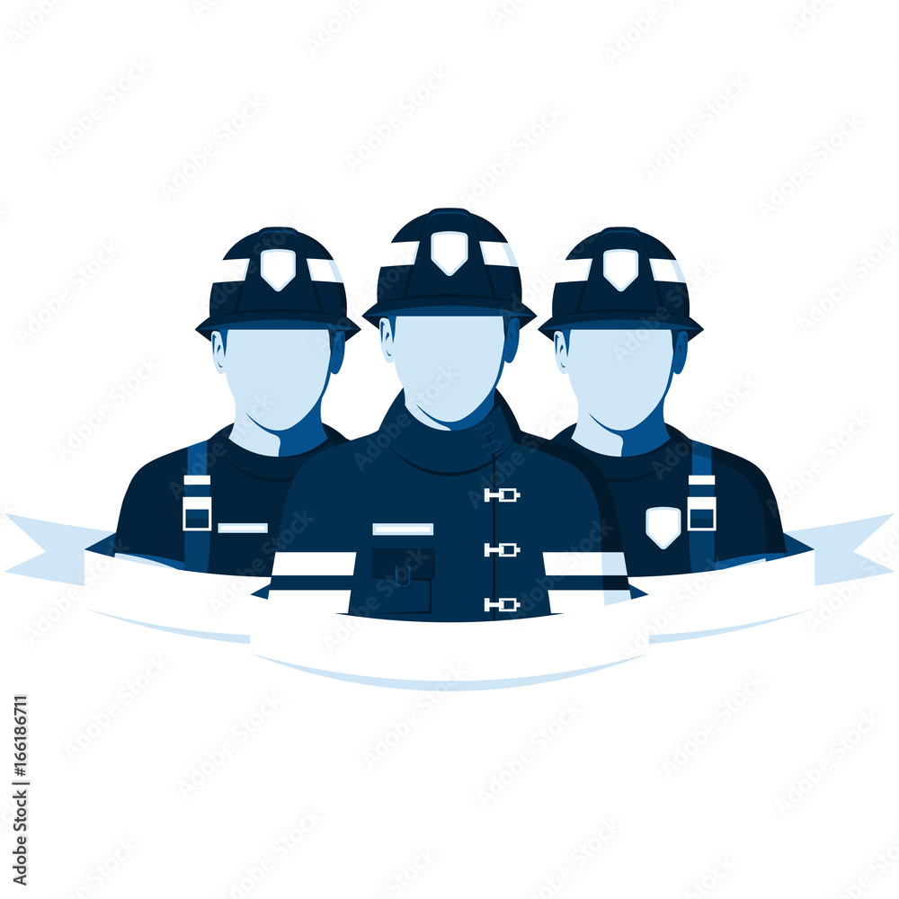 Emblem of fire brigade. Group of people in fireman helmets and uniforms ...