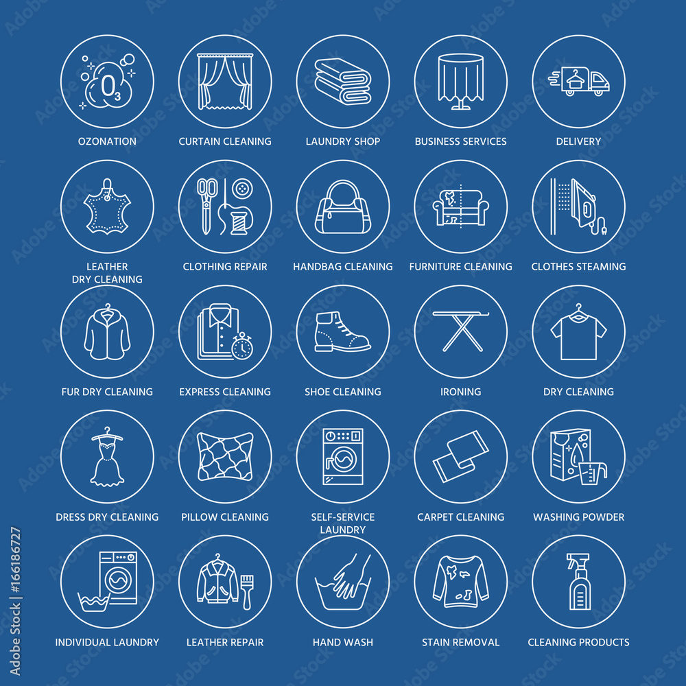 Dry cleaning, laundry line icons. Launderette service equipment ...