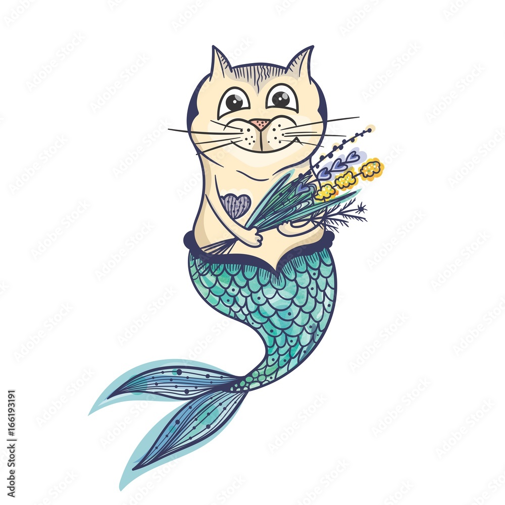 Mermaid Cat Vector Character Stock Vector | Adobe Stock