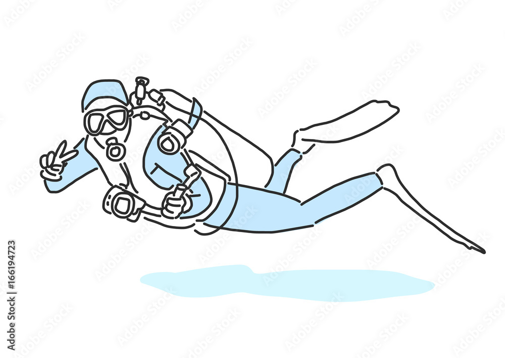 summer sports. scuba diving in variety poses. hand drawn. line drawing ...
