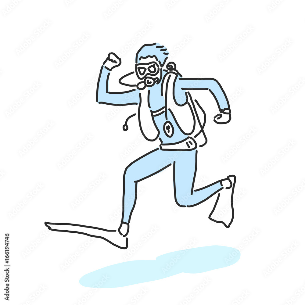 summer sports. scuba diving in variety poses. hand drawn. line drawing ...