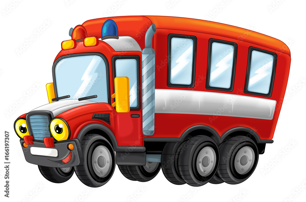 Cartoon happy and funny cartoon fire fireman bus looking and smiling ...
