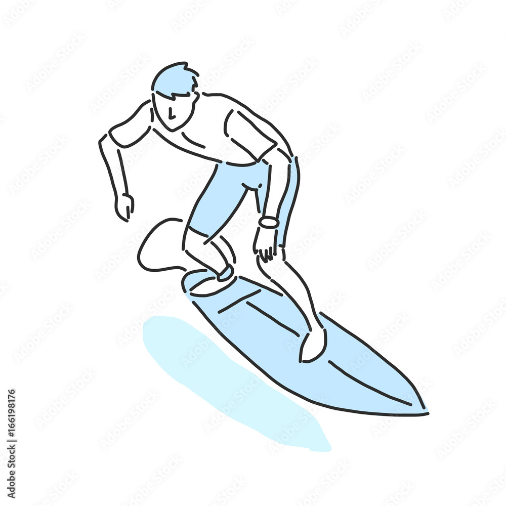 summer sports. surfing in variety poses. hand drawn. line drawing ...