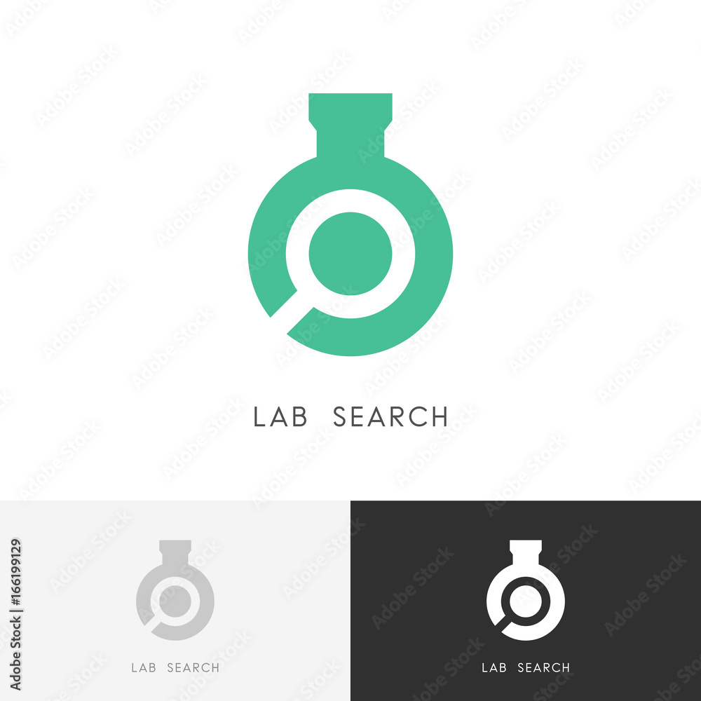 Lab search logo - laboratory test tube or bottle and loupe or magnifier ...